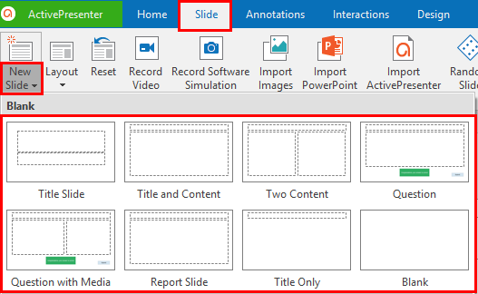 Insert Questions from Slide Layouts - ActivePresenter 7